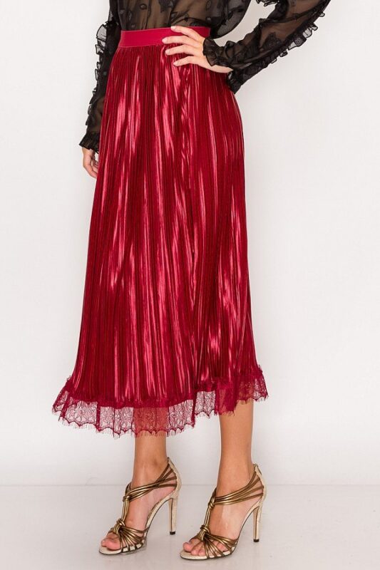 Lace Trim Accordion Pleated Midi Skirt Persix