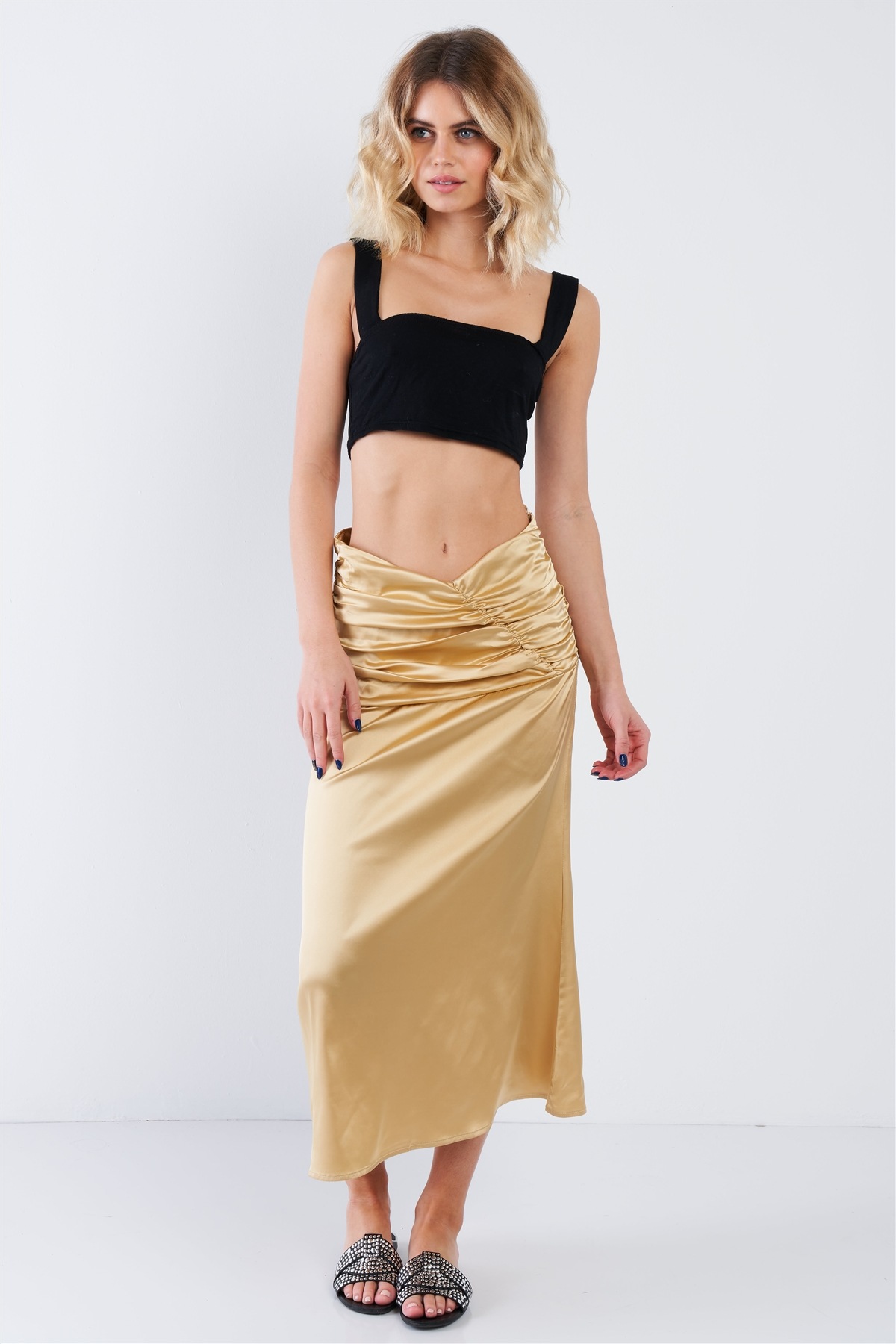 Satin Ruffle Waist Midi Skirt - Persix