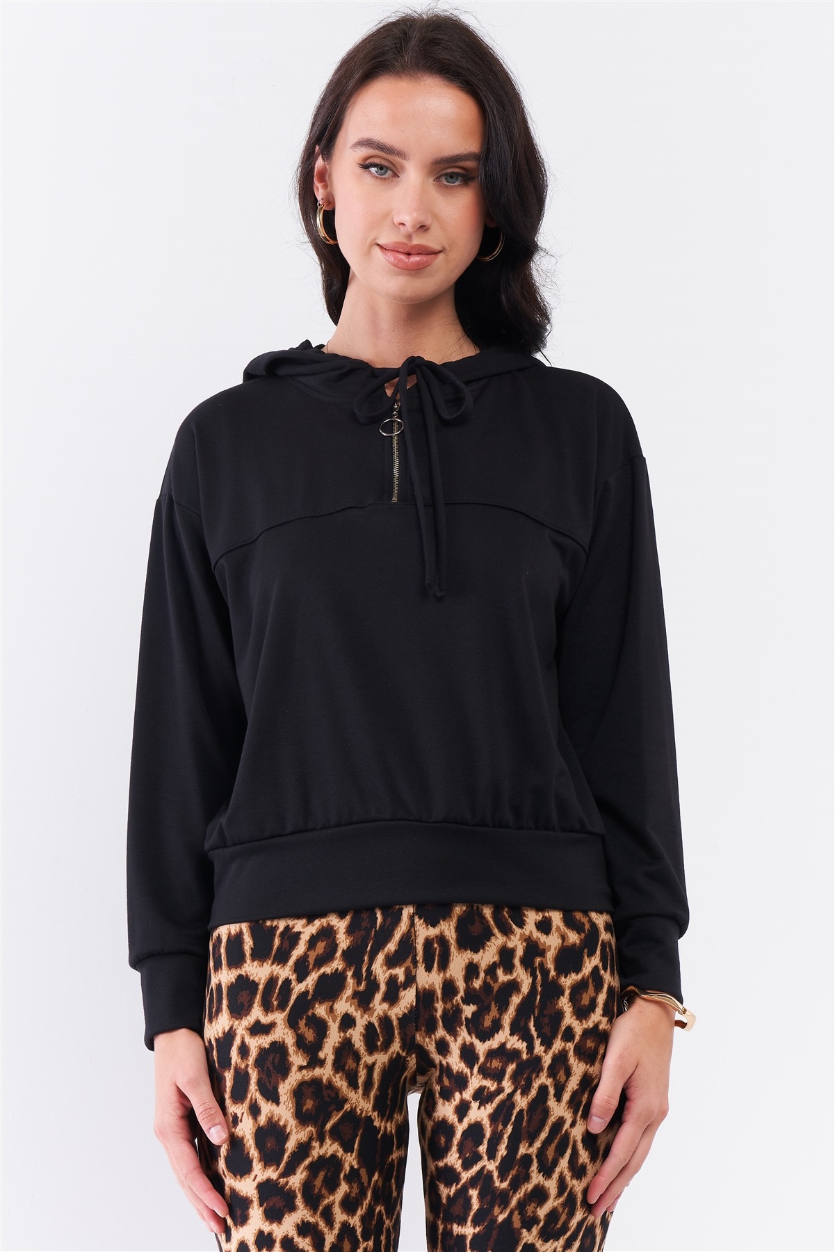 Black Oversize High Neck Zip-up Detail Draw String Tie Hoodie ...