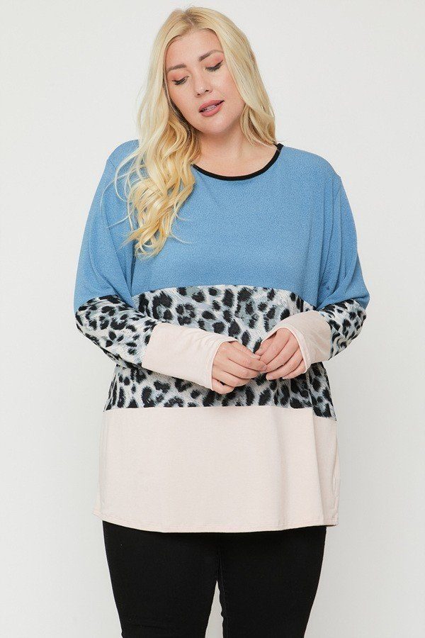 Plus Size Color Block Top Featuring A Leopard Print Top – Persix