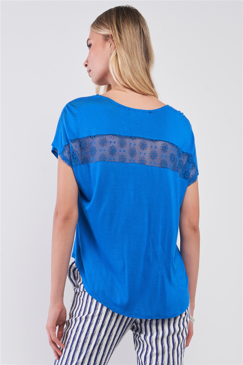 Royal Blue Boat Neck Short Sleeve See-trough Cross Cut-in Detail With ...