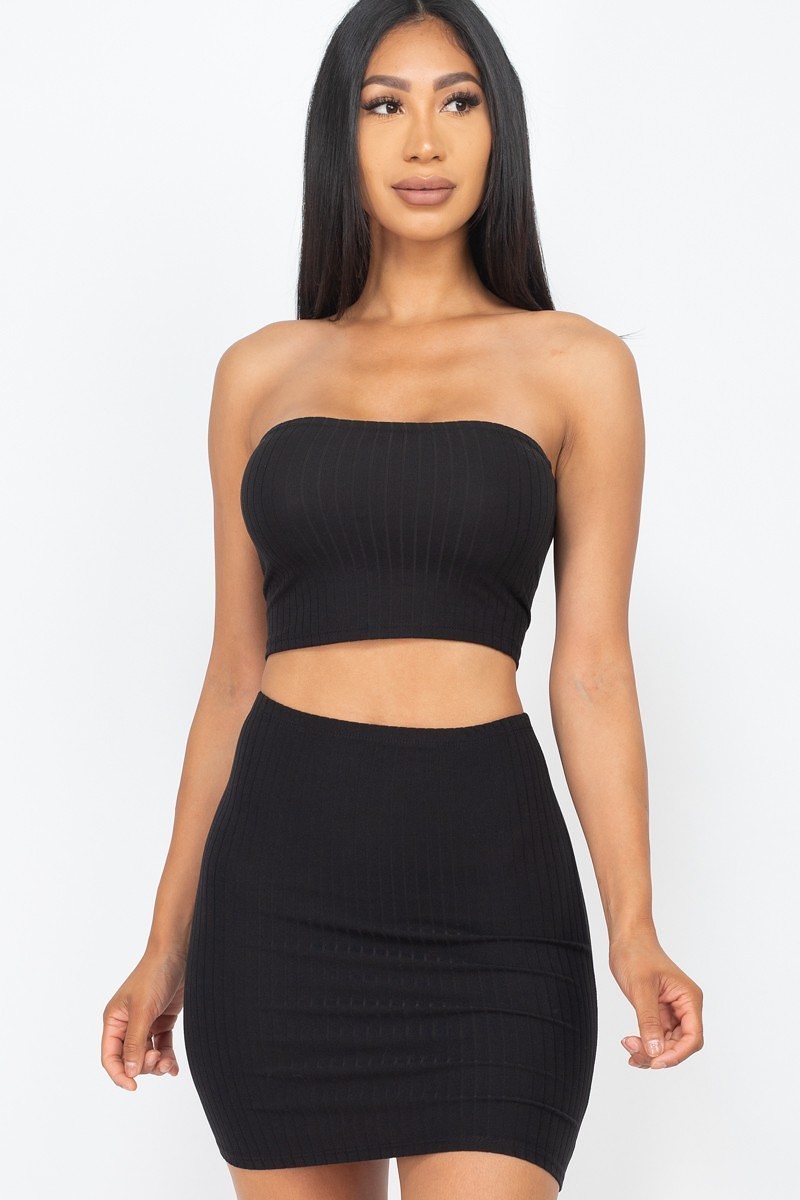 Ribbed Tube Top And Mini Skirt Sets - Persix