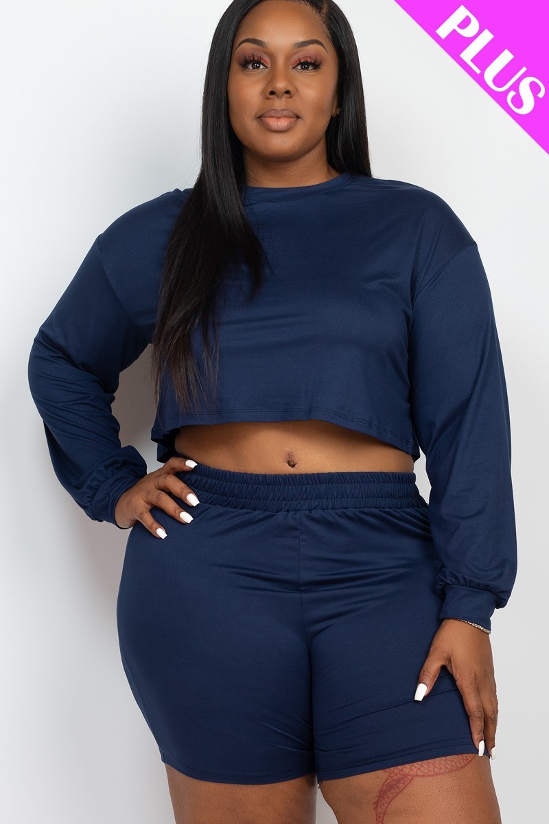 Plus Size Cozy Crop Top And Shorts Set - Persix