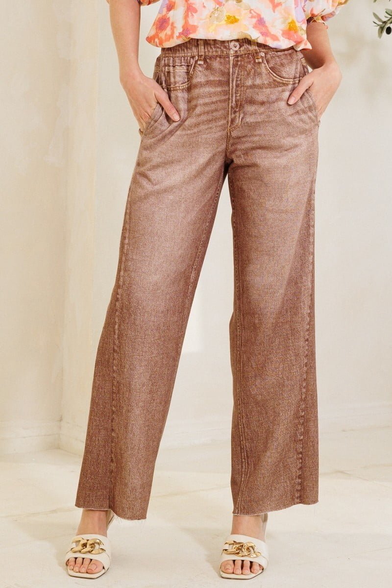 Waist Elastic High-rise, Straight Fake Denim Print Pants - Persix