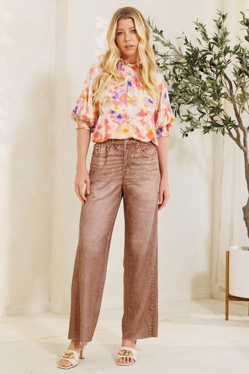 Waist Elastic High-rise, Straight Fake Denim Print Pants - Persix