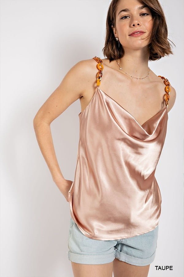 Cowl neck satin camisole with chain strap - Persix
