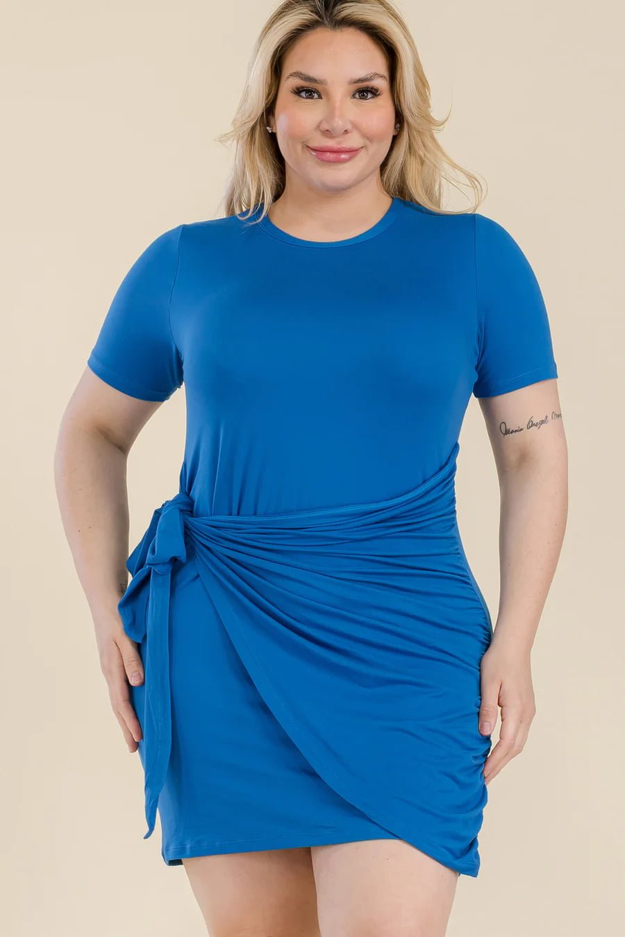 Plus Size Solid Wrap Front Tie Side Short Sleeve Mini Dress - Persix